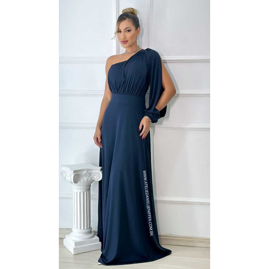 Vestido Longo Beatriz Azul Marinho Manga Nula Com Abertura Lateral ...