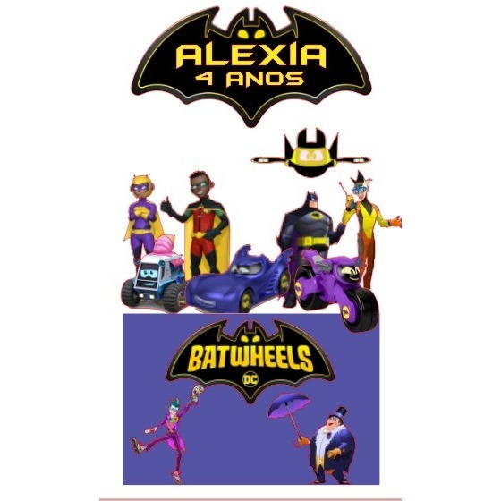 TOPO DE BOLO PERSONALIZADO - BATWHEELS + 60 TOPPERS DOCES ...