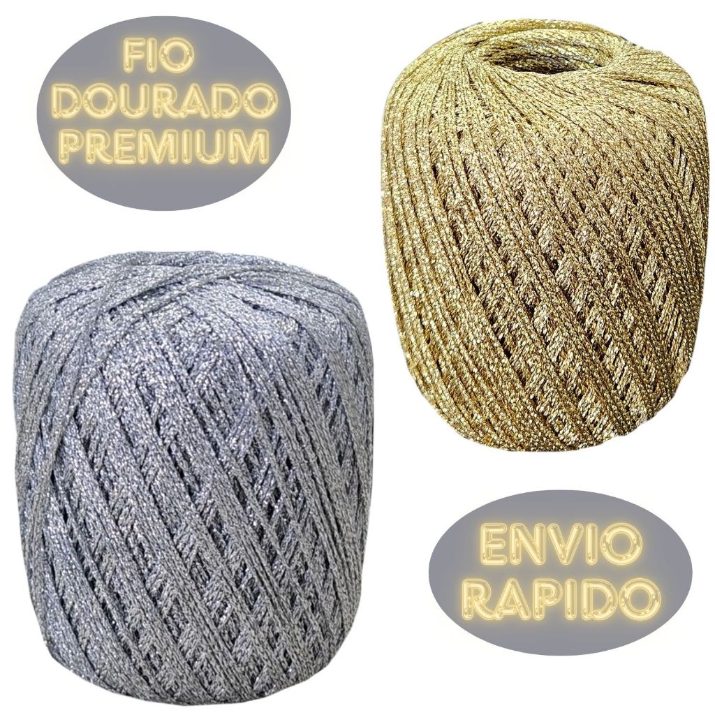 Fio Prata ou Dourado Premium Brilho Extra para Crochê Acabamento ...