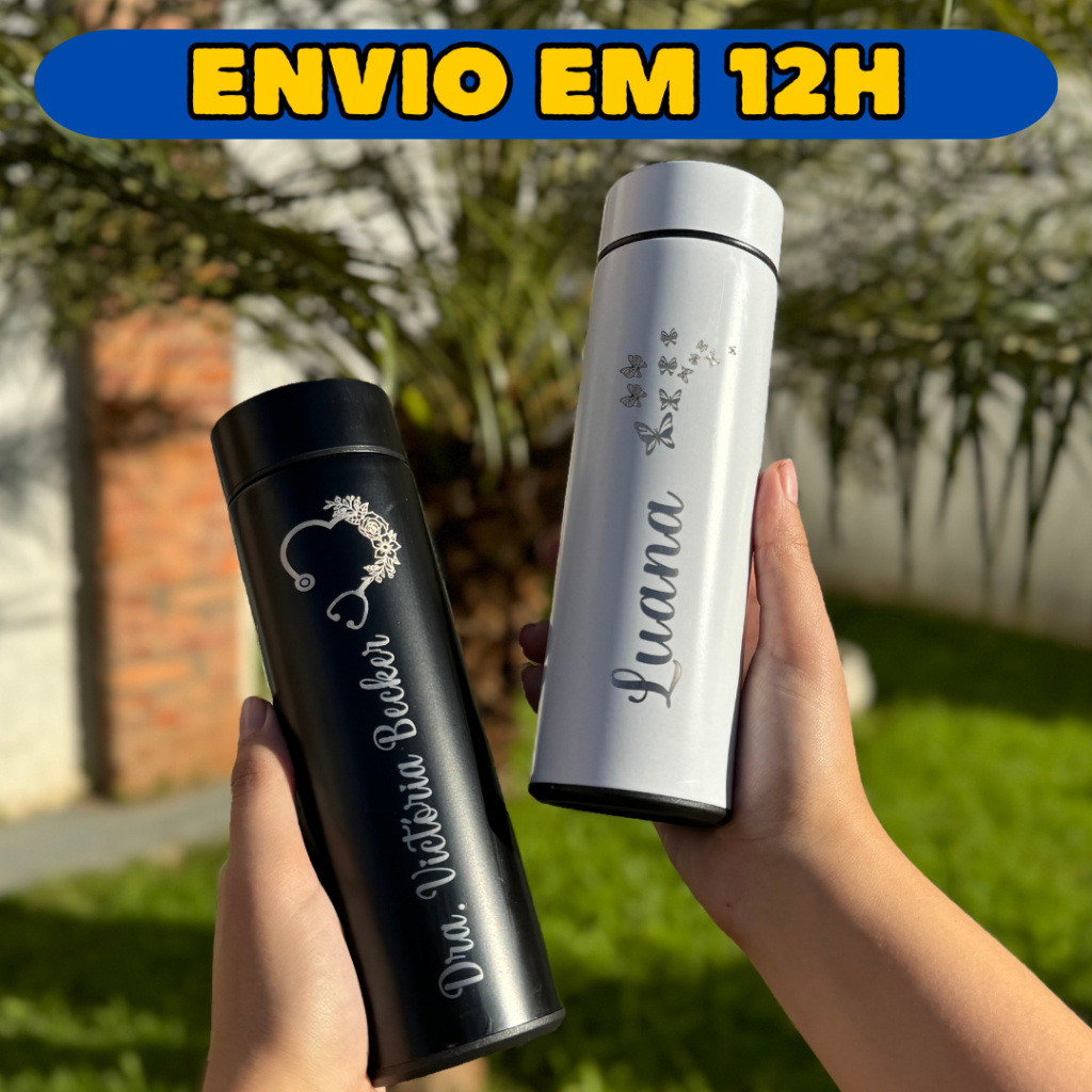 Garrafa Térmica PERSONALIZADA Com Seu NOME TIME LOGO ESCOLAR Com Termômetro Digital 500ml ...