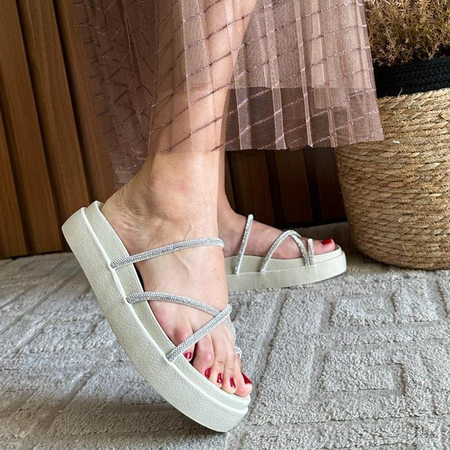 Sandalia Papete Sola Alta Feminina Laura Com Brilho Strass tendencia ...