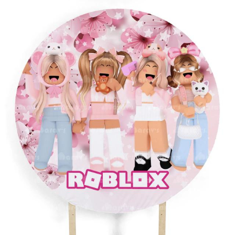 Painel Festa Infantil Redondo Roblox, em letas rosas, fundo floral ...