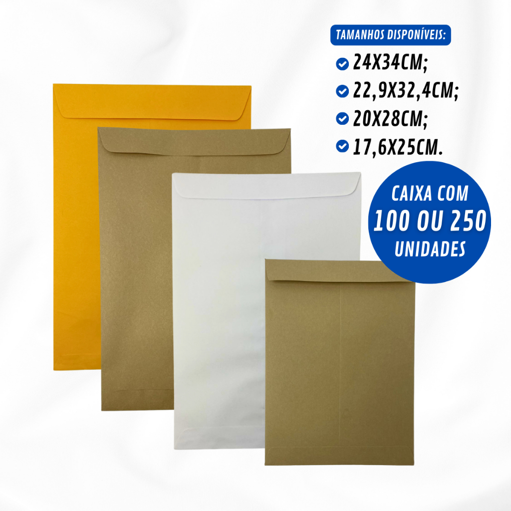 Envelope Saco A4 24 x 34 Caixa C/ 100 Ou 250 Unidades Diversos Tamanhos | Shopee Brasil