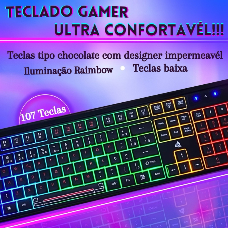 Teclado Gamer RGB Slim Silencioso Led Para Pc Notebook Vídeogame Xbox ...