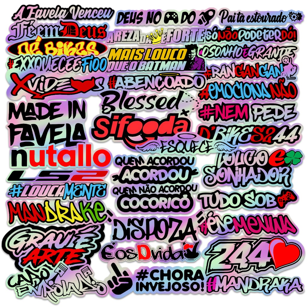 Super Kit 50 Adesivos Frases Holografico Carro Moto Bike Bag Caderno Notebook Sticker Cartela ...