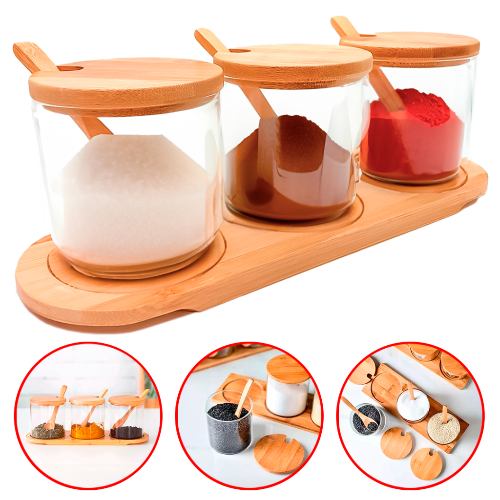 Kit Completo 3 Peças Porta Condimento Organizador Tempero Vidro + Tamba ...