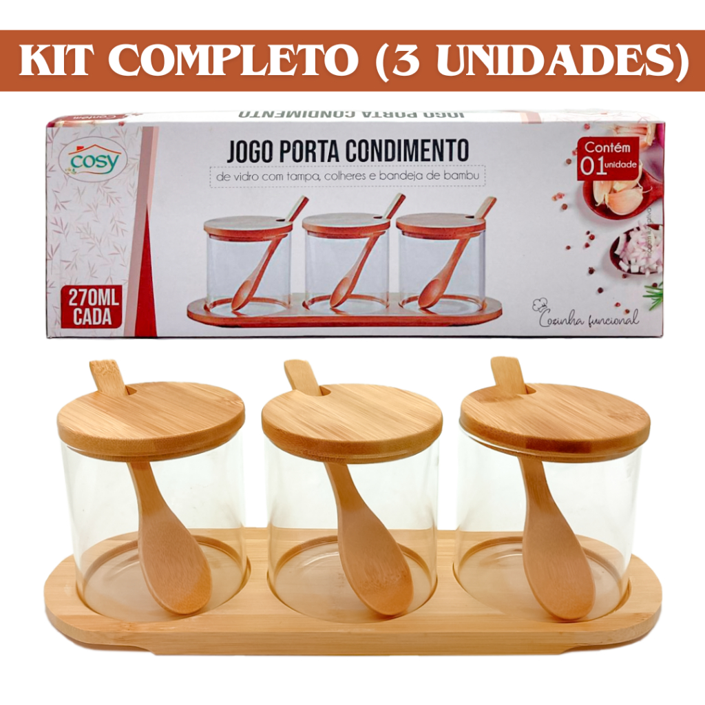 Kit Completo 3 Peças Porta Condimento Organizador Tempero Vidro + Tamba ...