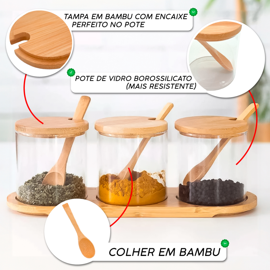Kit Completo 3 Peças Porta Condimento Organizador Tempero Vidro + Tamba ...