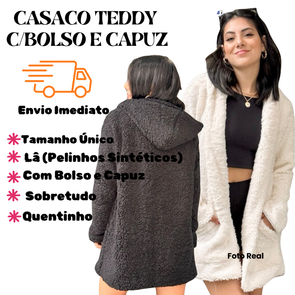 Casaco Sobretudo Teddy Pelinho Com Capuz e Bolso Lateral Inverno Jaqueta Feminina Manga Longa ...