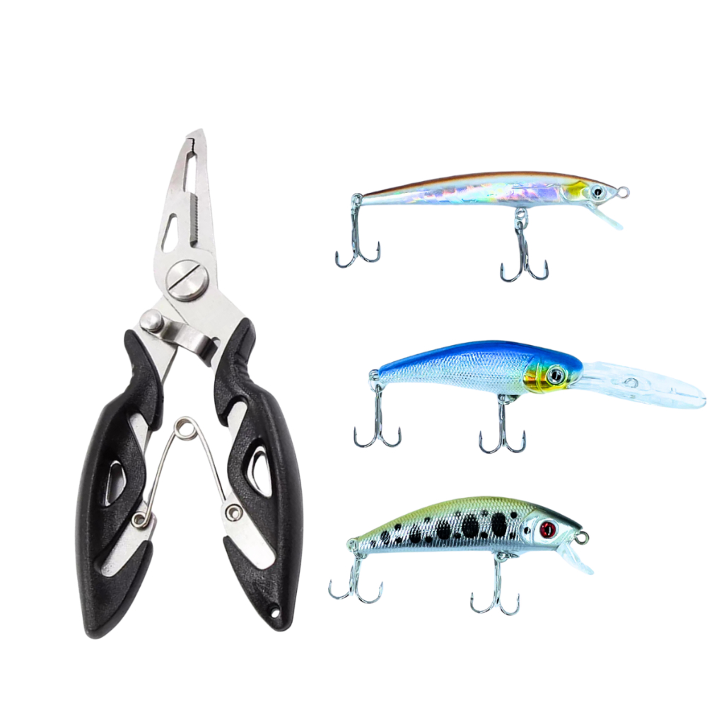 Kit Alicate de Pesca Multifuncional Aço inox + 3 Iscas Artificiais 6 ...