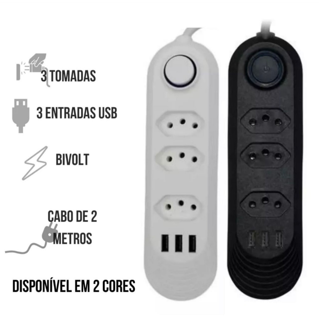 Extensão Elétrica 2m Com 3 Tomadas e 3 Entradas USB e Botão Liga e Desliga- Régua Bivolt-EL ...