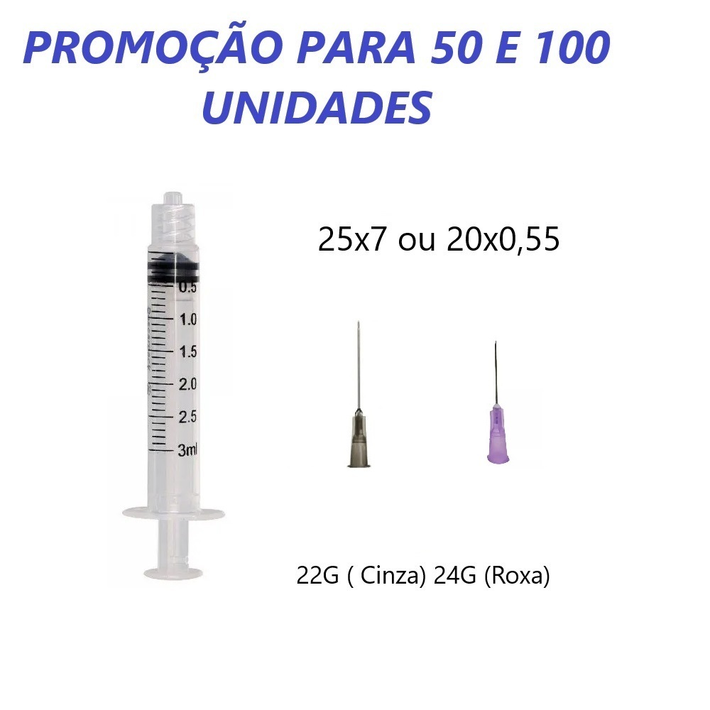 50 / 100 Unidades de Seringa de 3ml Luer Lock (Rosca) com agulha com ...