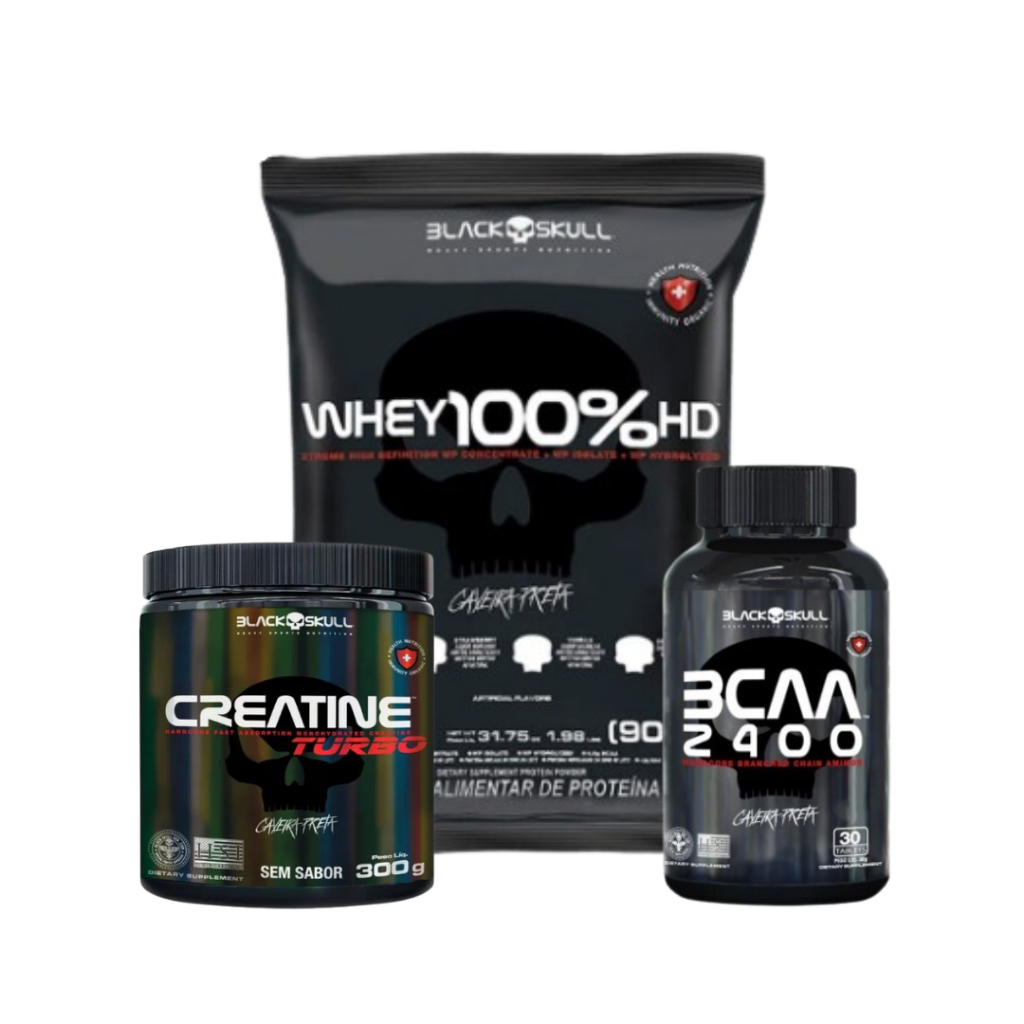 Kit 1x Whey 100% HD BlackSkull 900g + 1x BCAA 2400 + 1x Creatina Turbo 300g | Shopee Brasil
