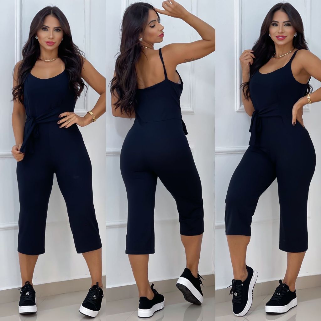 Macacão Pantacurt Liso , Cinto Lateral Com Laço , Casual Moda Feminina ...