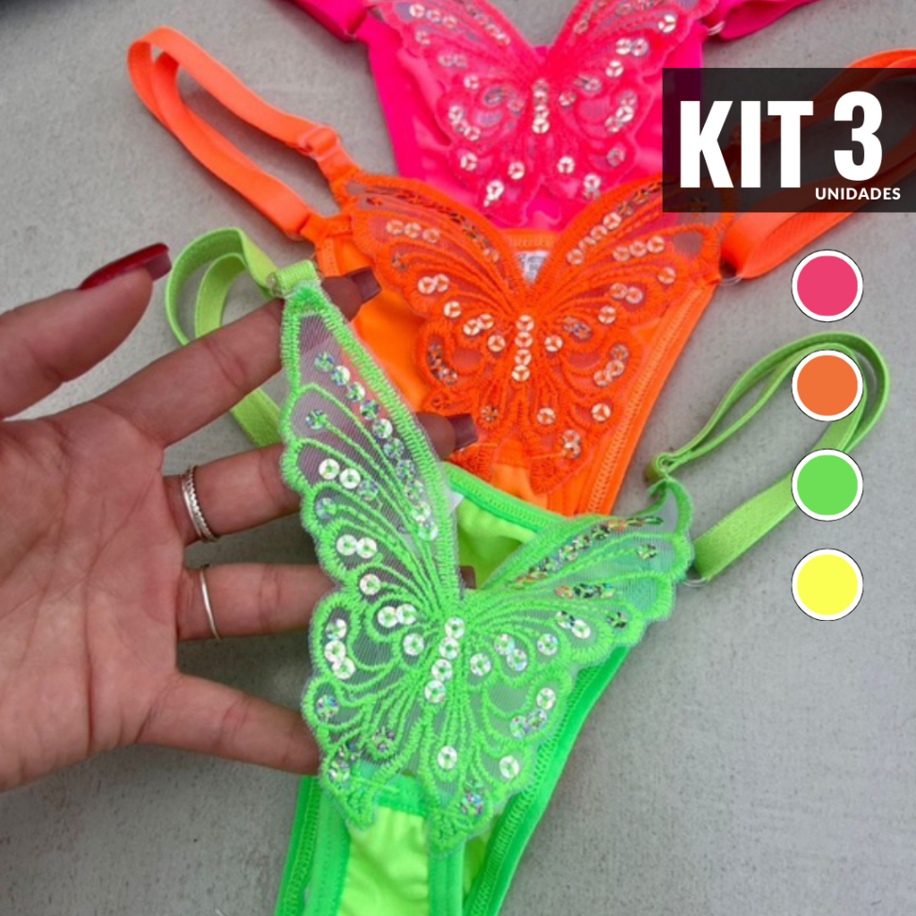 Kit 3 Calcinha Borboleta Fio Dental Sexy Neon Lingerie Tanga Feminina Sensual Com Regulagem