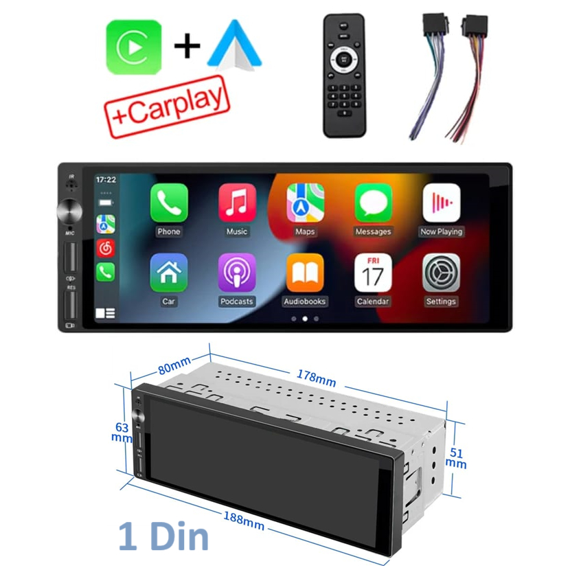 Central Multimídia 1Din IPS Full Screen 6.9 Pols, Android Auto e Carplay, Espelha Waze, Maps, BT ...