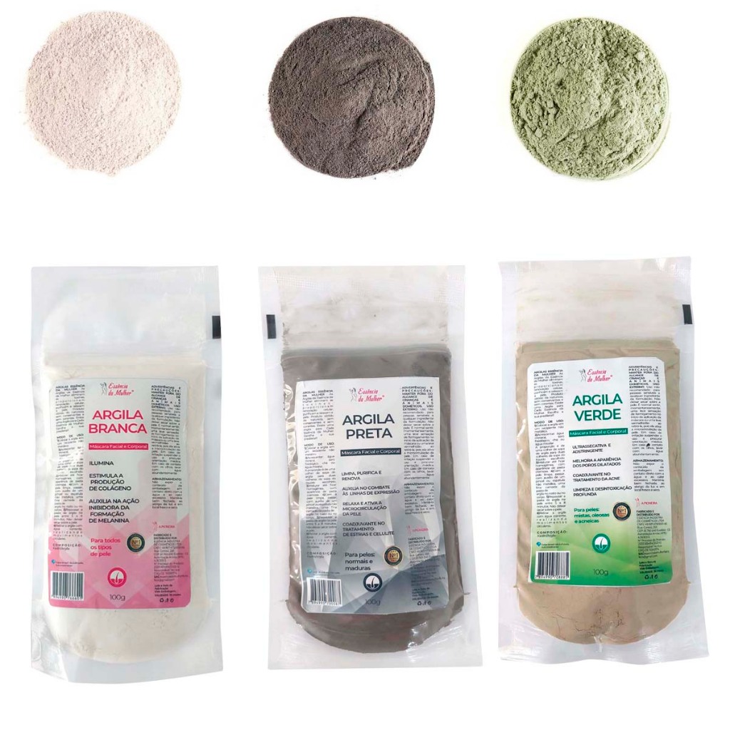 Kit 3 Argila Branca Verde e Preta Essencia da Mulher Skin Care Cuidado ...