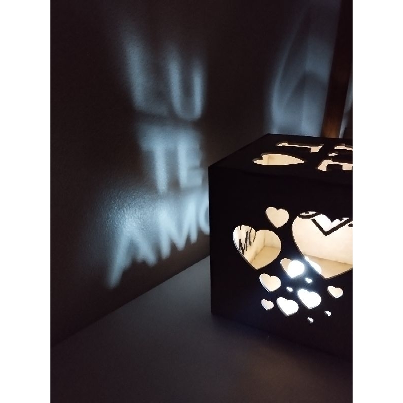 Caixa Luminária MDF led, cubo eu te amo com luz chama de vela em LED ...