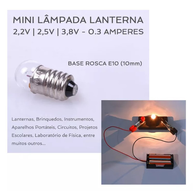 Kit 10 Mini Lâmpadas 2,2v 2,5v 3,8v Rosca E10 Lanterna / Projetos Escolares | Shopee Brasil