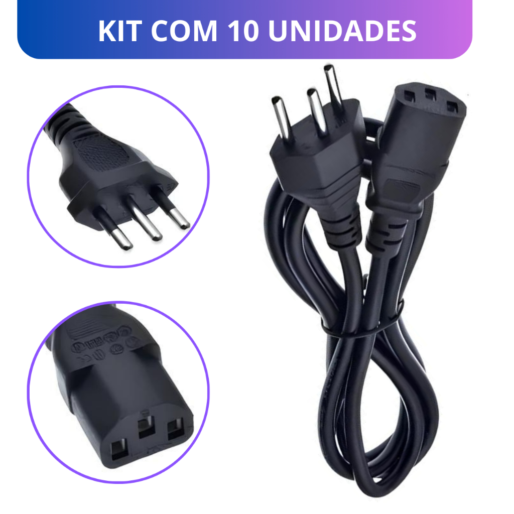 Kit 10 Cabos De Força Energia Cpu Atx Tripolar Computador Pc Monitor 3 ...