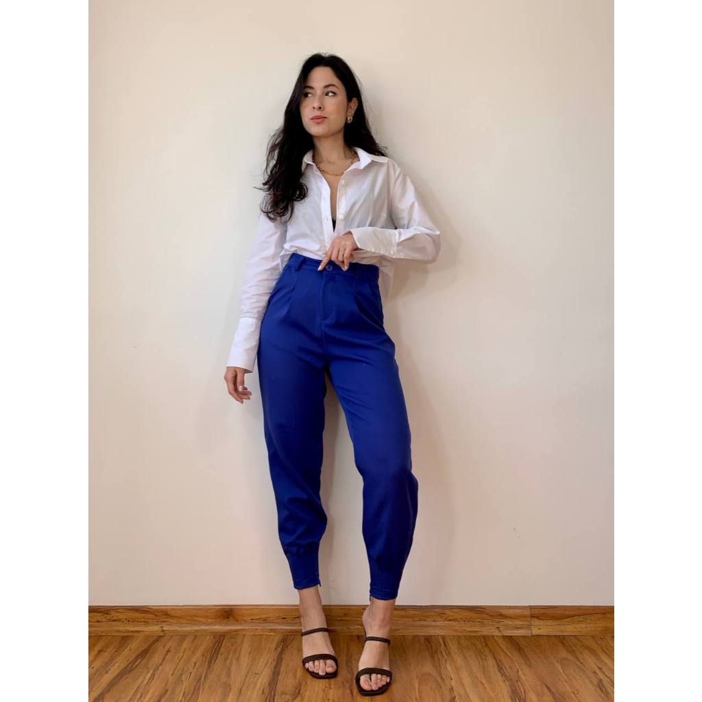 Calça Feminina de Alfaiataria Azul Royal Zíper na Barra Cenoura ...