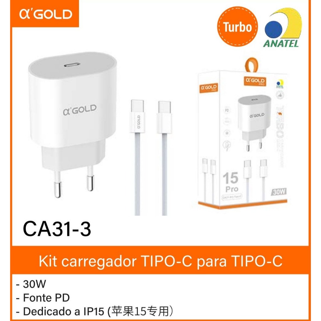 Kit Carregador 1M Para IOS 15 A'Gold (CA31-3) | Shopee Brasil