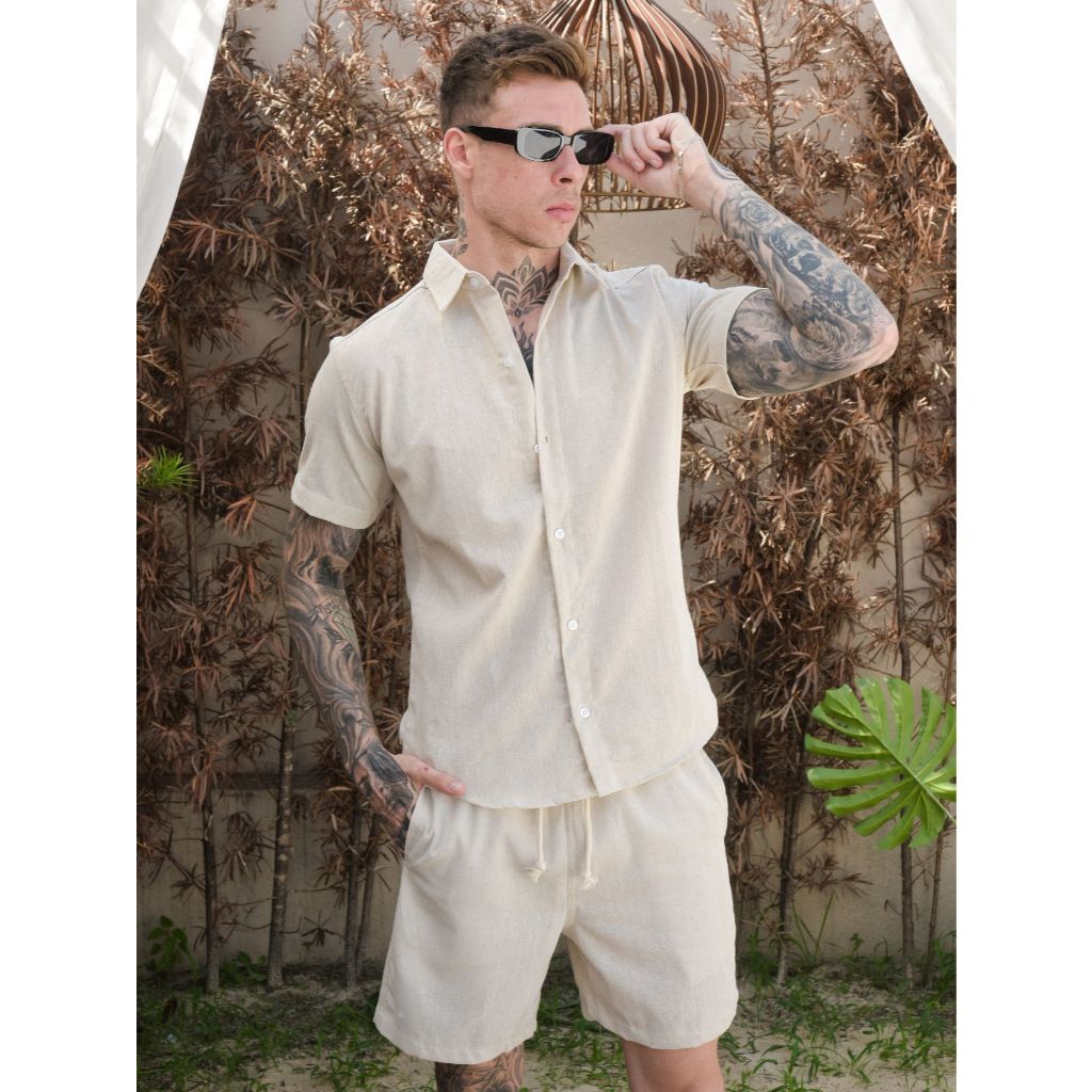 Conjunto Linho Masculino Camisa Linho Botão Bermuda Linho | Shopee Brasil