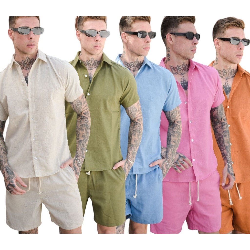 Conjunto Linho Masculino Camisa Linho Bermuda Linho Varias Cores ...