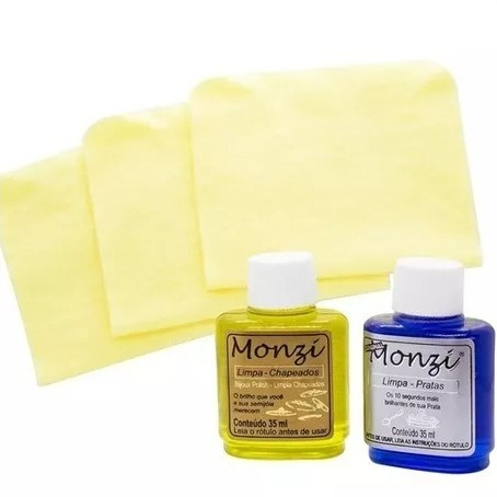 Monzi Limpa Prata 35 Ml + Monzi Limpa Chapeados 35ml + 3 Flanelas ...