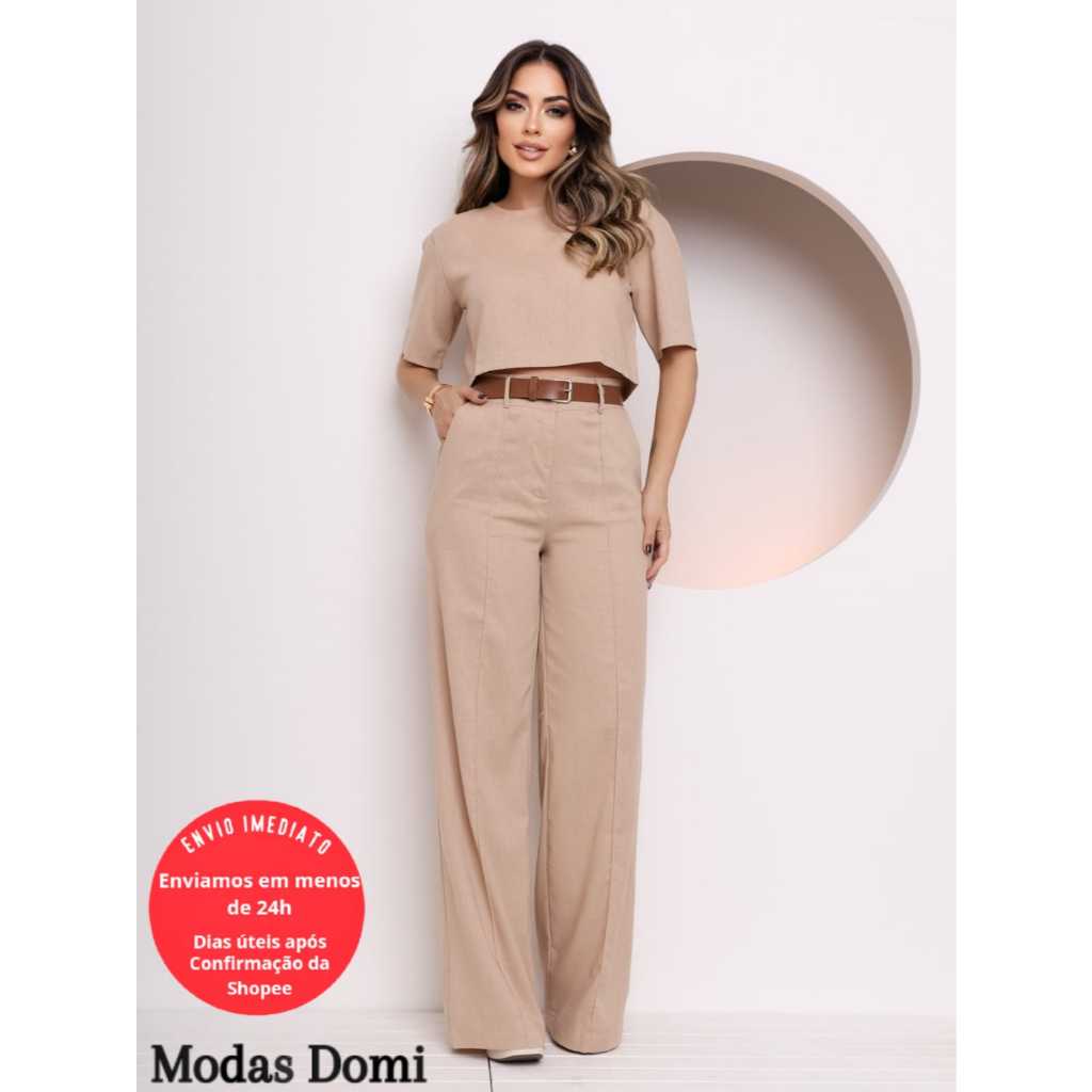 Modas Domi Conjunto Meghan em Gabardine Calça Pantalona e Cropped ...