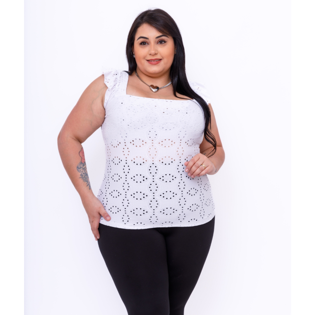 regata plus size com babada na manga malha lese 40013 | Shopee Brasil