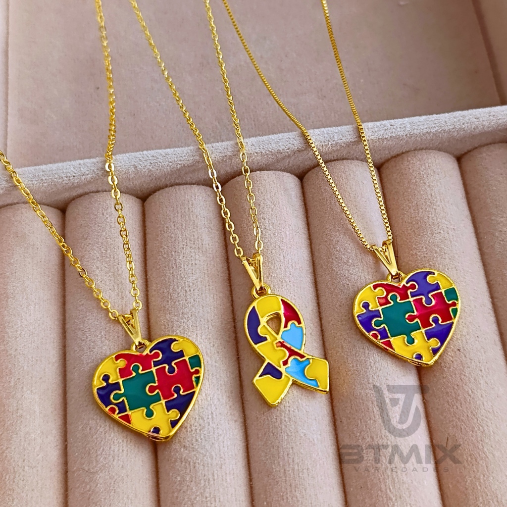 Colar Folheado Adulto TEA Veneziano ou Corrente com Coração e Laço ...