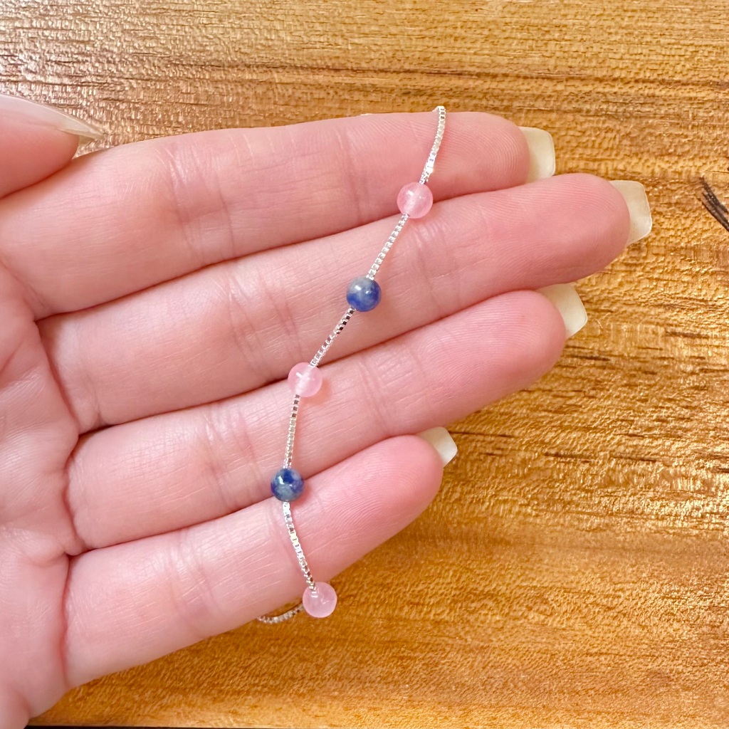 CORRENTE VENEZIANA PRATA 925 QUARTZO ROSA E CIANITA PEDRAS NATURAIS ...