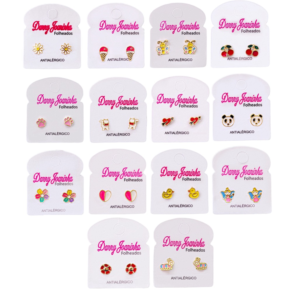 Kit 5 Pares Brincos Infantis Folheados a Ouro Pequenos Personagem ...