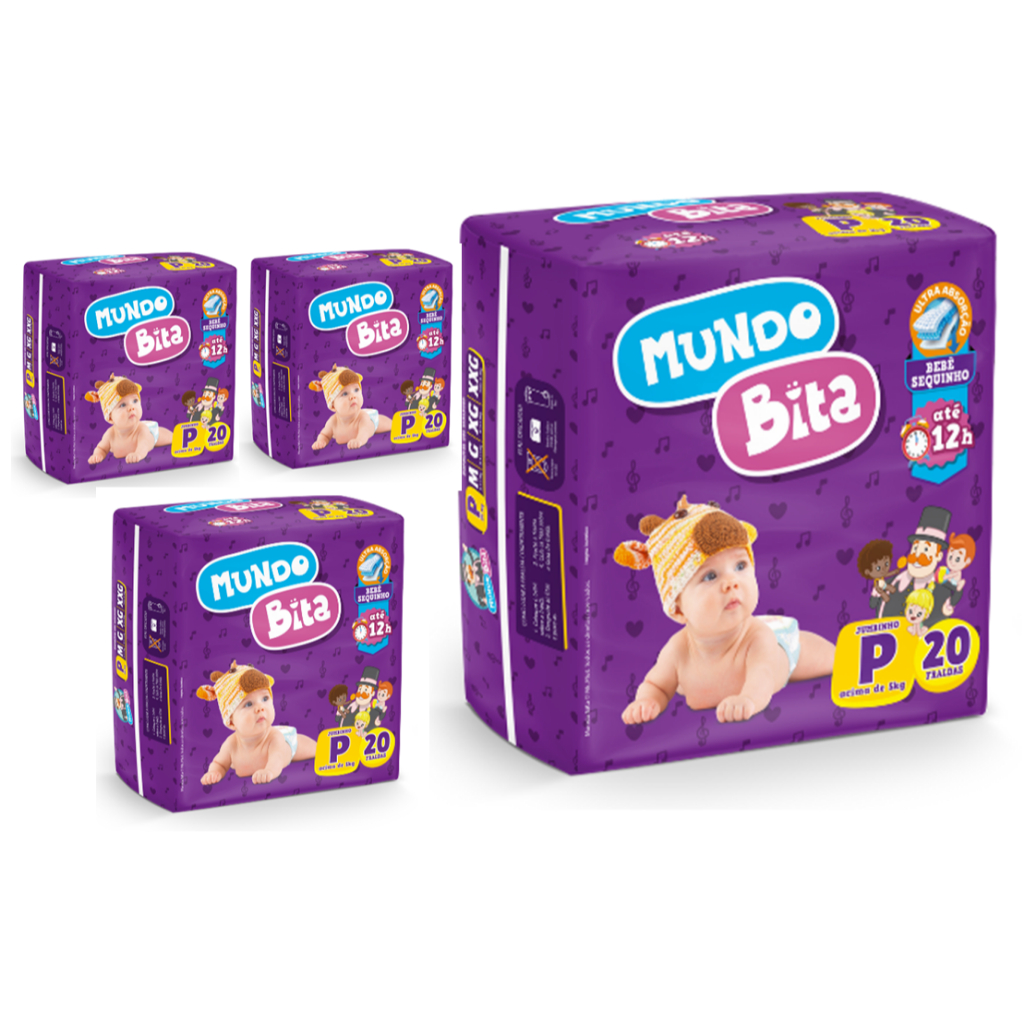 Kit 4 Pacotes Fraldas Mundo Bita Tam. P | 80 Unidades – Ultra Conforto ...