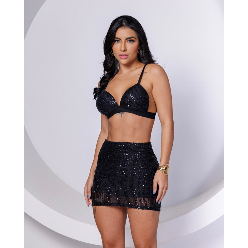 Conjunto top+saia paete com bojo brilhoso moda balada sensual decotado blogueira estiloso ...