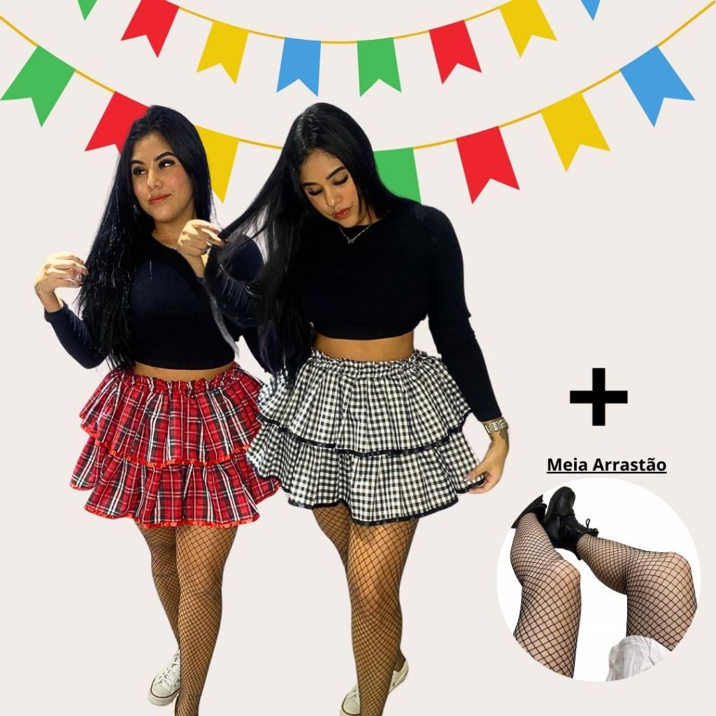 Kit Saia De Caipira Dois Babados Fantasia de Festa Junina + Meia ...