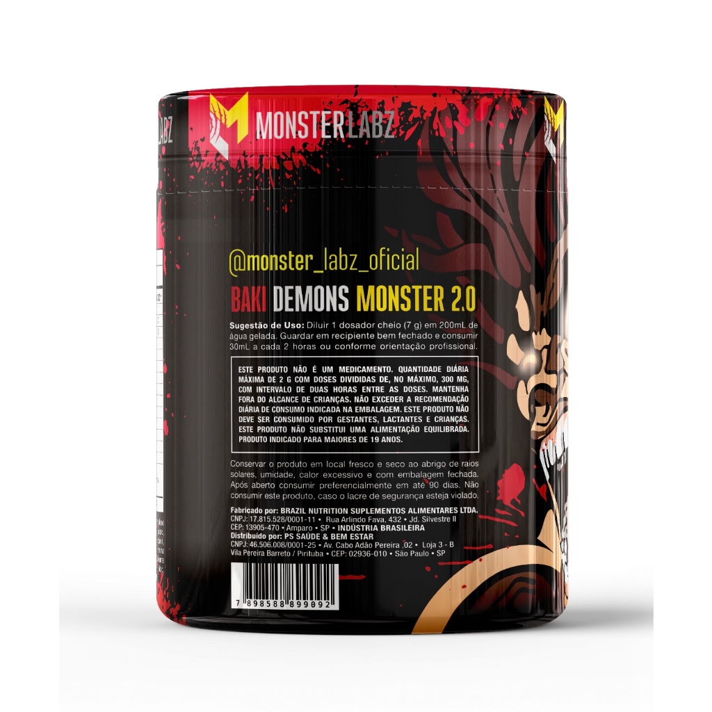 BAKI 2.0 PRÉ TREINO 420g - MONSTER LABZ - RENDE 60 DOSES - 400mg de ...