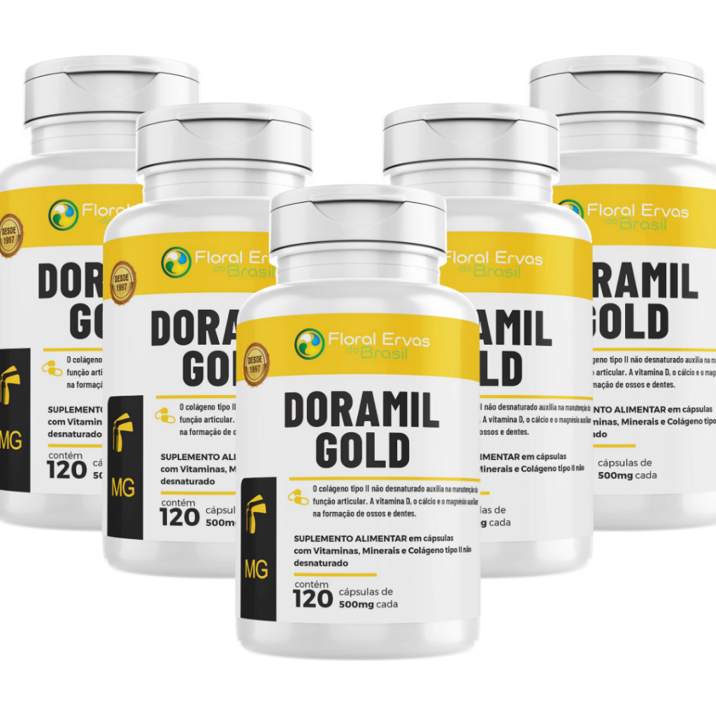 KIT C/5 Doramil Gold 120 Cáps - 400mg Cálcio Magnésio + Colágeno Tipo 2 ...