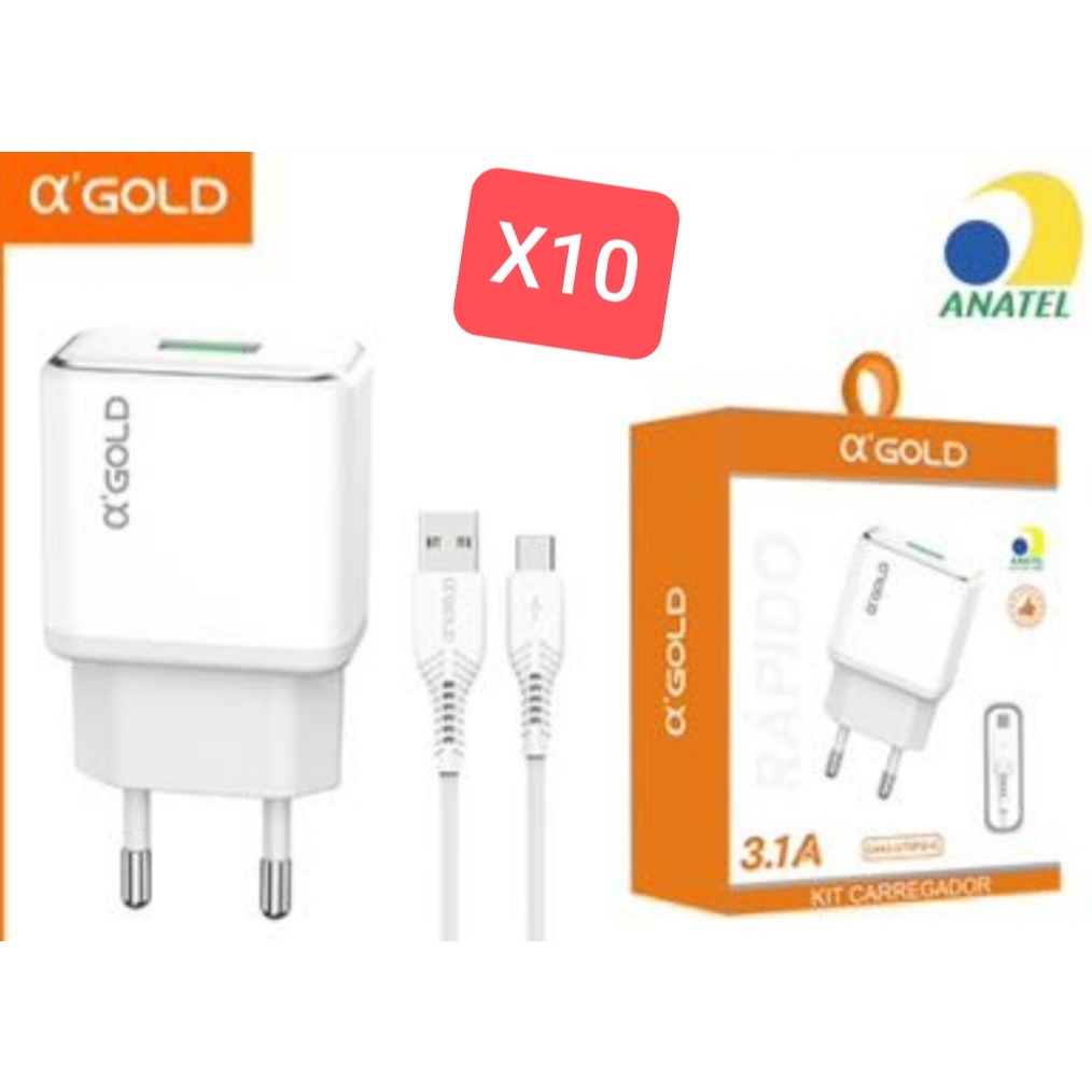 kit 10 CARREGADOR TIPO-C 3.1A 1 USB AGOLD CA43-3 | Shopee Brasil