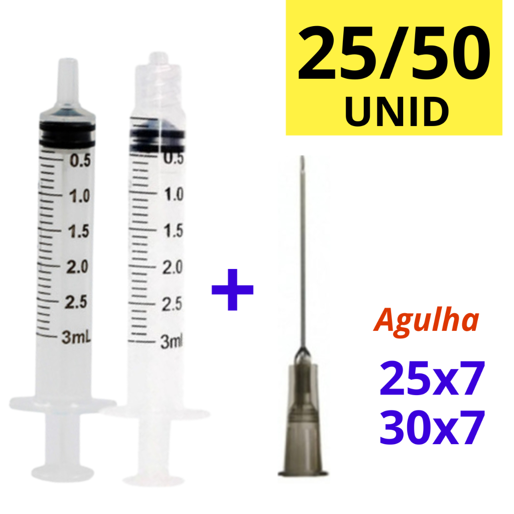 Seringa 3ml Liso/Rosca + Agulha 25x7 / 30x7 Com 25 e 50 Unidades ...
