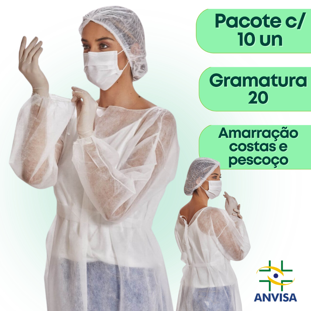 Avental Descartável Manga Longa TNT Gramatura 20 Branco Jaleco ...
