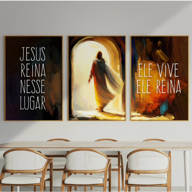 Quadro Decorativo 3 Telas Jesus reina nesse lugar Ele vive Ele reina ...