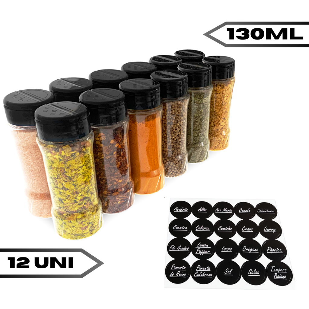 Pote Plástico para Tempero e Especiarias 130ml 12 uni com Tampa ...
