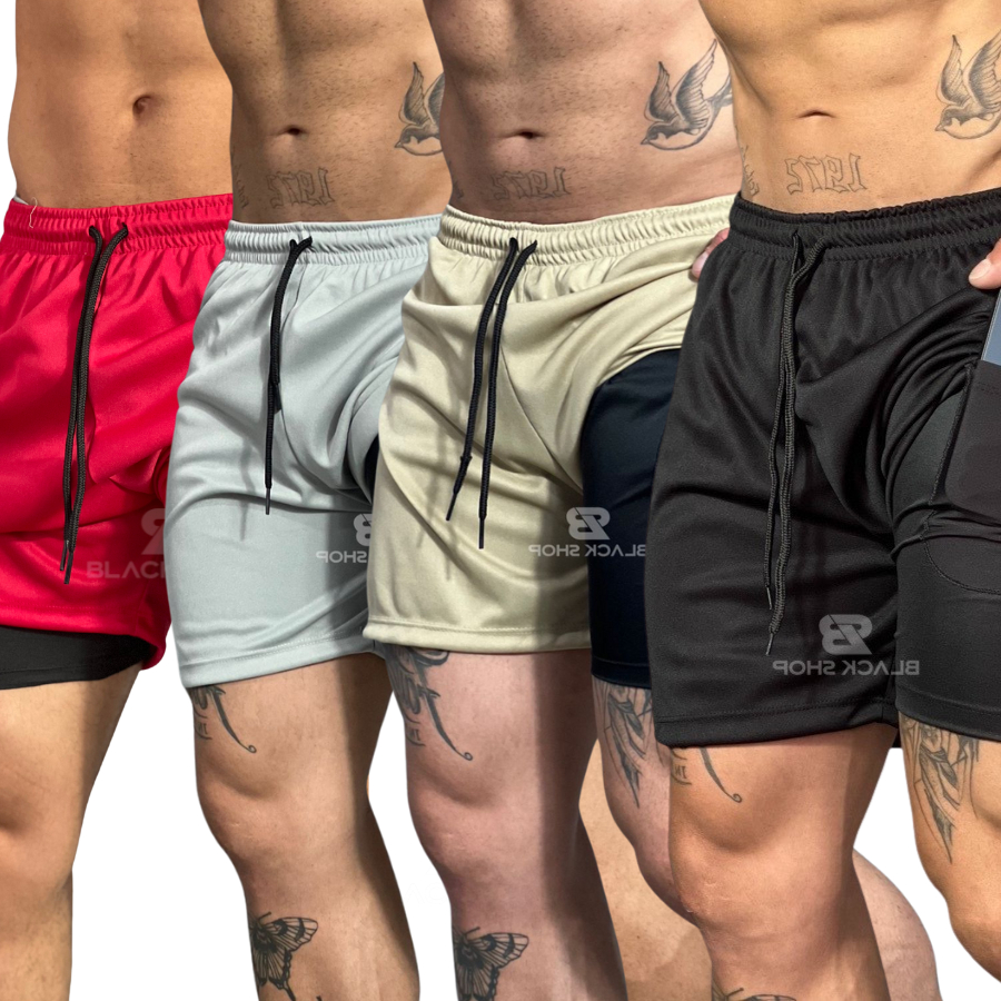 KIT 4 Short 2 em 1 RUN Masculino Com Elastano Academia Treino Corrida ...