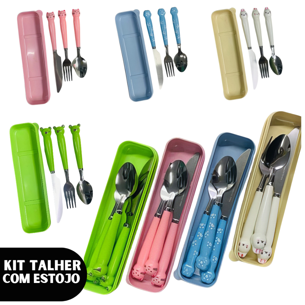 Kit De Talher Fofo Com Garfo Faca Colher E Estojo Portátil Ideal Para ...