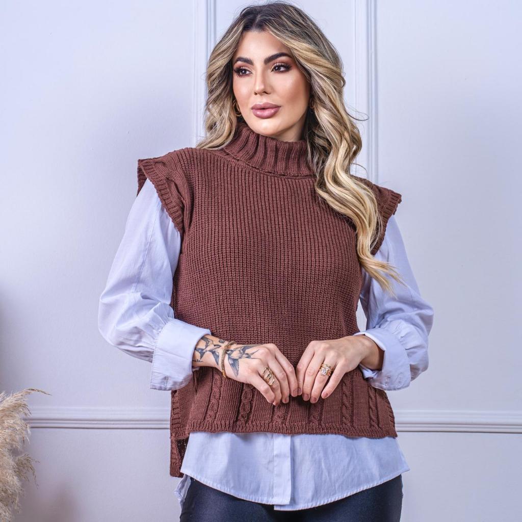 Colete feminino tricot regata trança pullover gola alta sueter ...