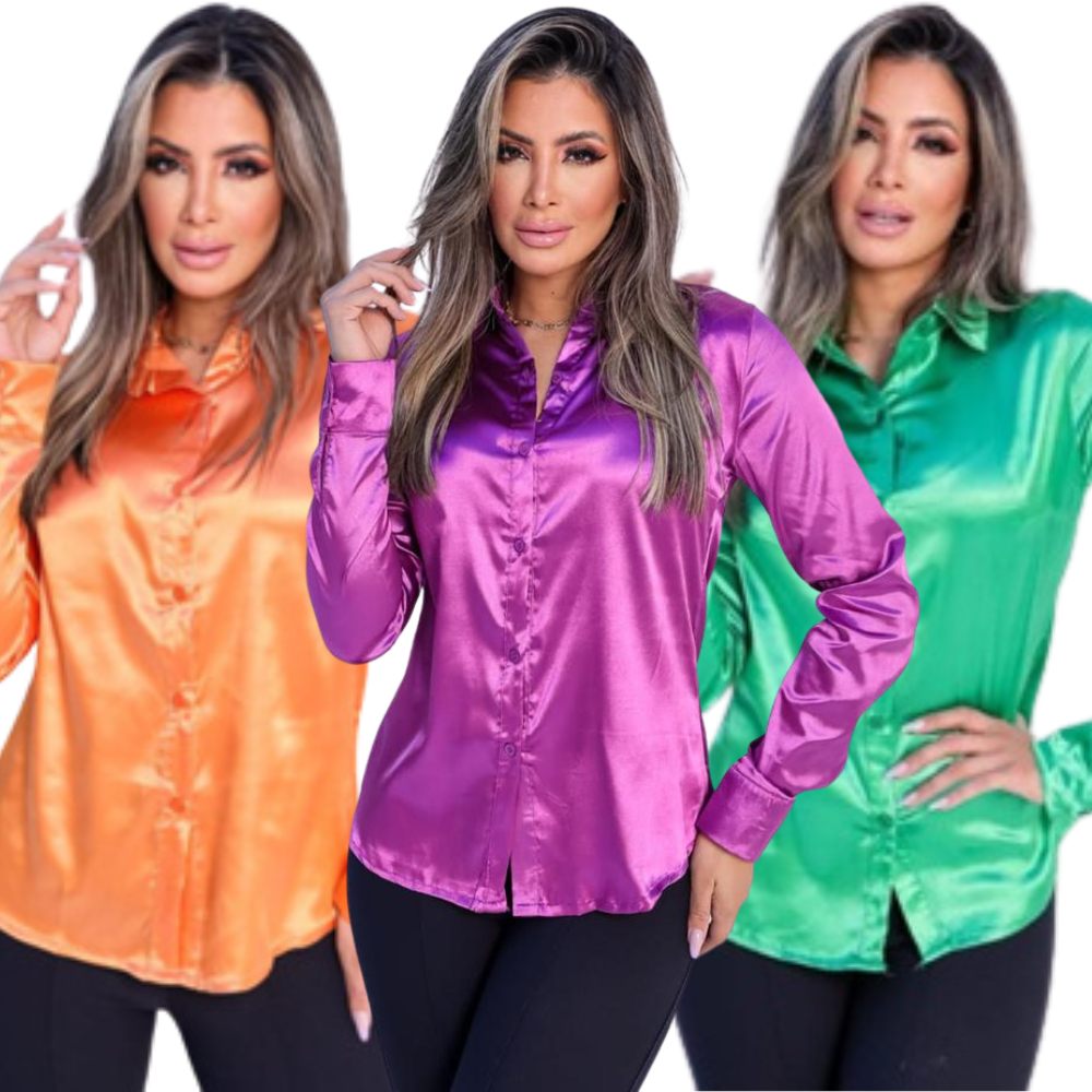 Camisa de Cetim Manga Longa Feminina Casual e Social Linha Premium ...