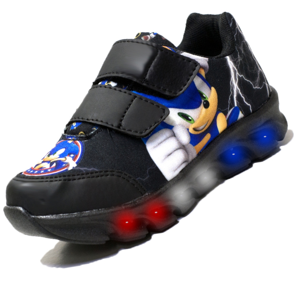Tênis Infantil Led Sonic Sola Preto C/Luz Velcro Meninos Personagem ...