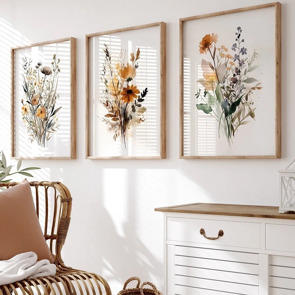 Quadro decorativo 3 peças 40x60 flor neutra estampas florais coloridas ...